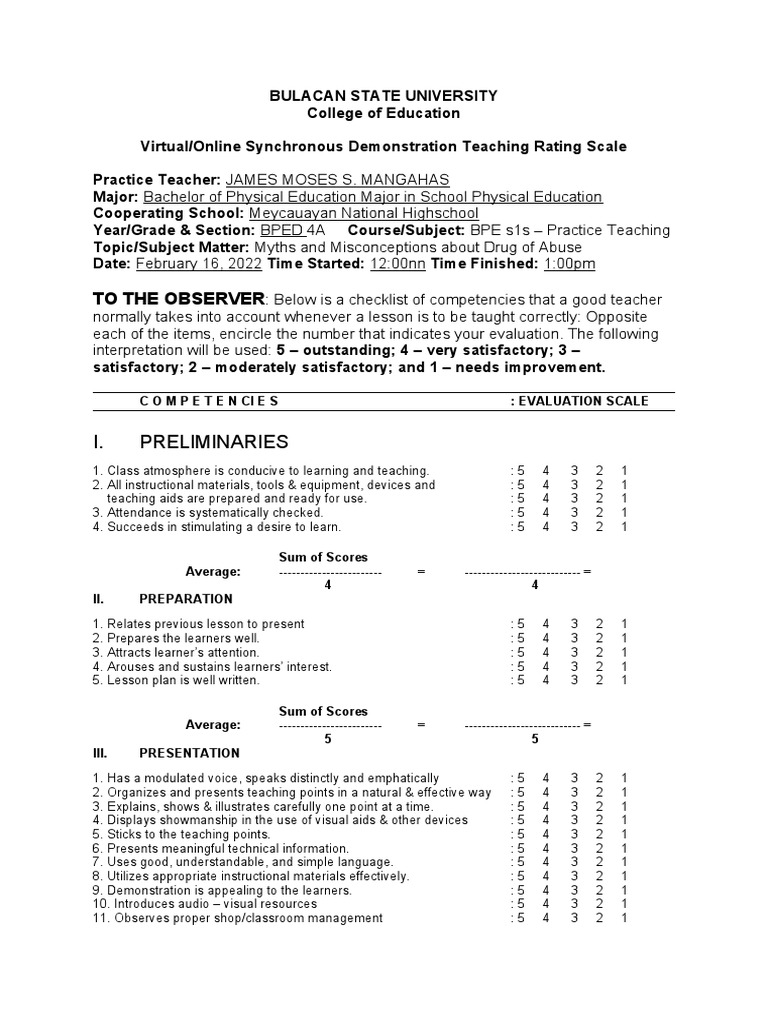 JAMES MANGAHAS (BPED 4A) Demo Rating Scale Form | PDF | Learning | Teachers