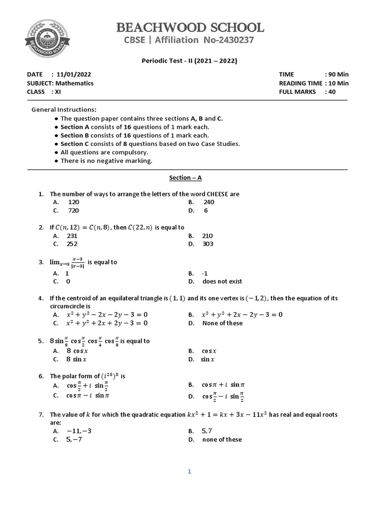 Class XI Math Test Paper 2022 | PDF | Square Root | Rummy