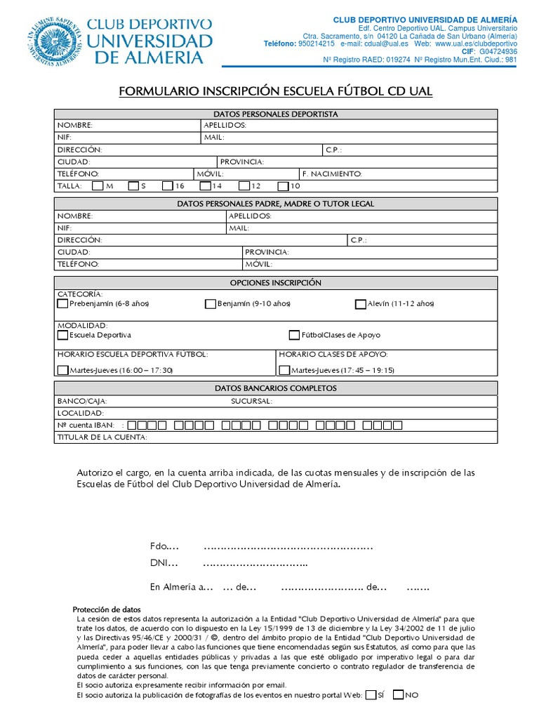 Formulario Inscripcin Escuela Futbol | PDF