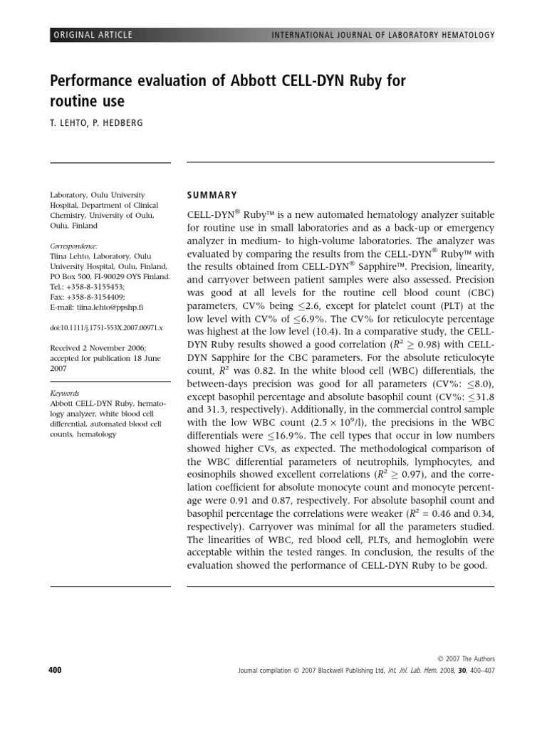 Performance Evaluation of Abbott CELL-DYN Ruby For Routine Use | PDF ...
