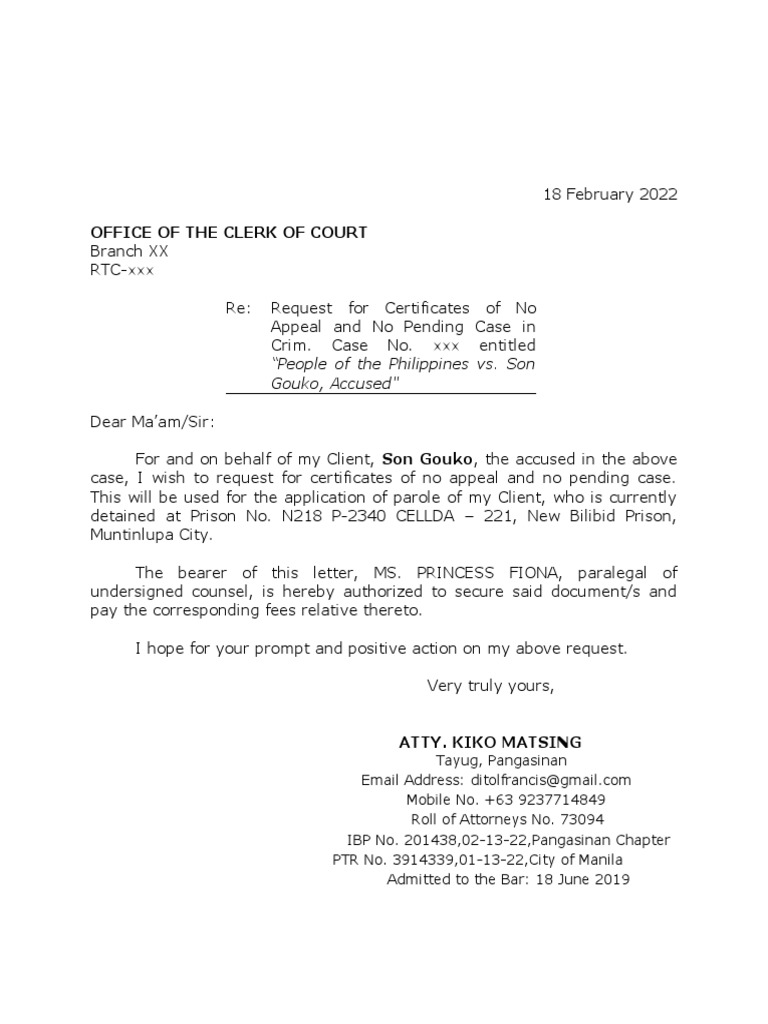 Request Certificates No Appeal Pending Case | PDF