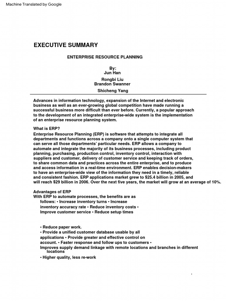 Executive Summary | Download Free PDF | Enterprise Resource Planning ...