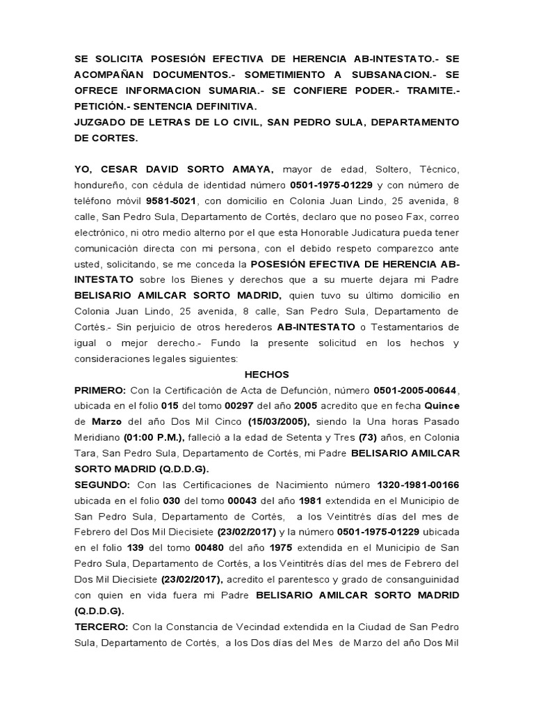 Herencia Ab Intestato Cesar David Sorto | PDF | Herencia | Honduras