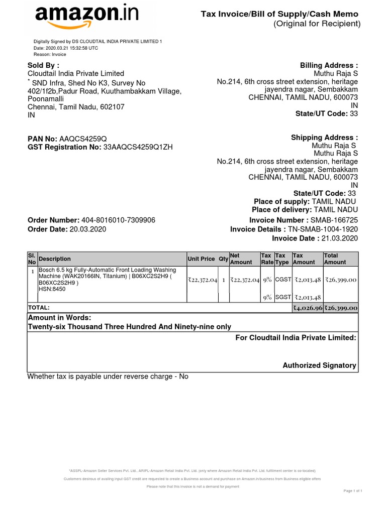 Bosch Washing Machine Bill | PDF | Invoice | Value Added Tax