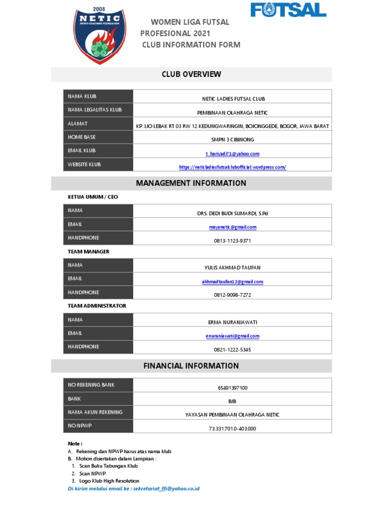 5) (4 File) Women Futsal Club Registration Form 2021 - Baru-1 | PDF