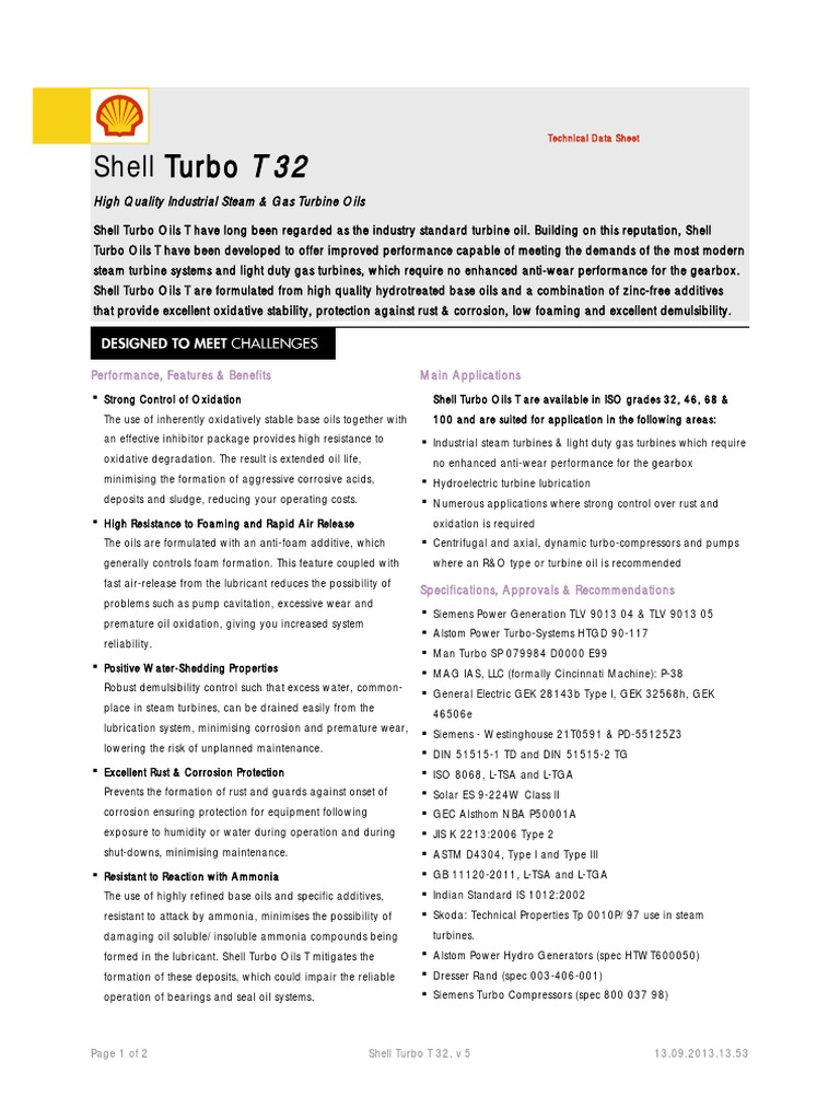 Shell Turbo T 32 Technical Data Sheet | PDF | Motor Oil | Gas Turbine