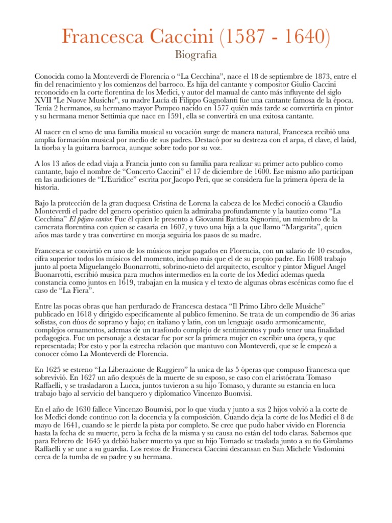 Francesca Caccini Biografia | PDF | Música clásica | Las artes escénicas