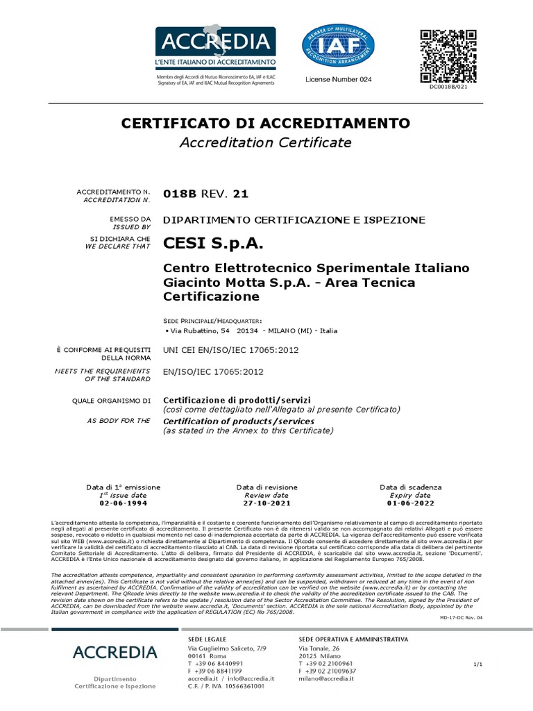 Cesi Accredia 018B Iso Iec 17065 Certificate Rev21 2021 2022 | PDF