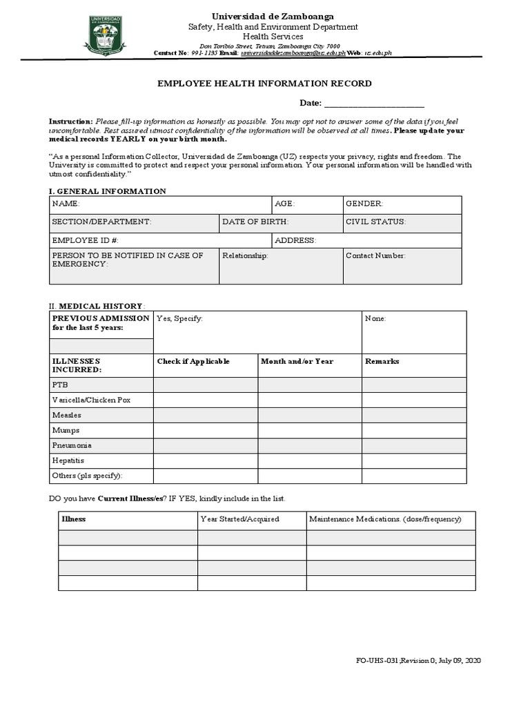 UHS Employee Health Info Form | PDF | Health Sciences | Public Health