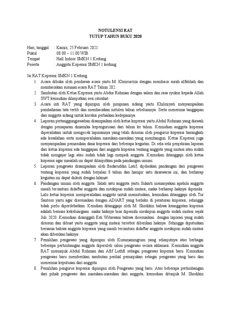 NOTULENSI RAT Koperasi 2020 | PDF | Pengelolaan Keuangan & Uang ...