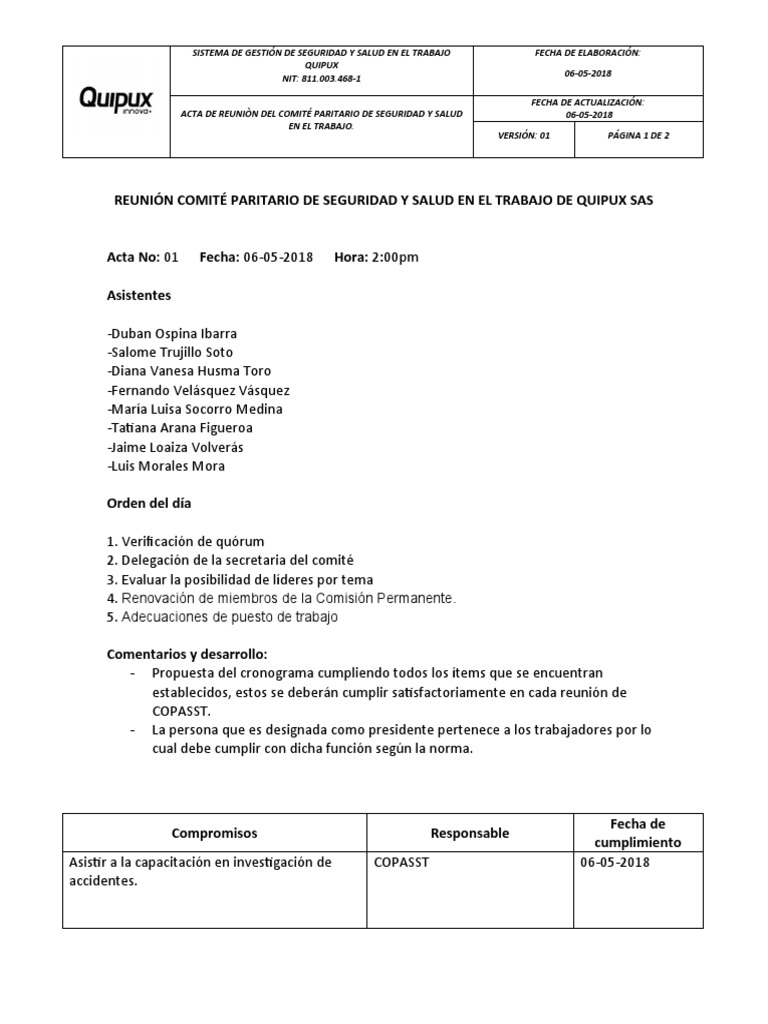 Acta de Reunion Del Copasst | PDF