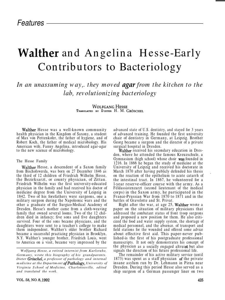 Walther and Angelina Hesse-Early Contributors To Bacteriology | PDF ...