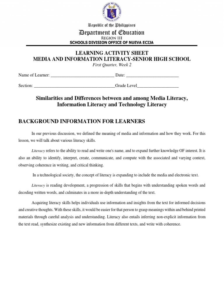 SHS MIL Week 2 - CHRISTINA NAMOC - FINAL | PDF | Information Literacy | Media (Communication)