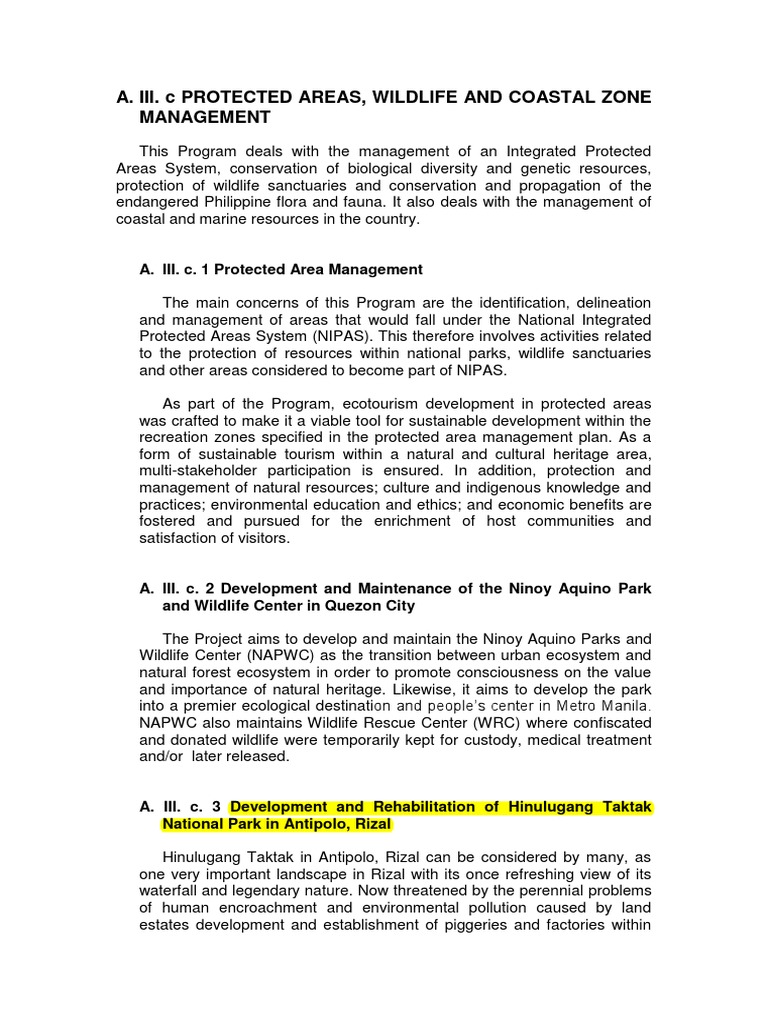 A. Iii. C Protected Areas, Wildlife and Coastal Zone Management | PDF ...