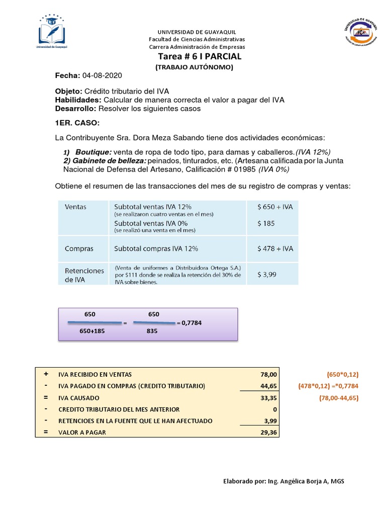 La Contribuyente Sra. Dora Meza Sabando Tiene Dos Actividades ...