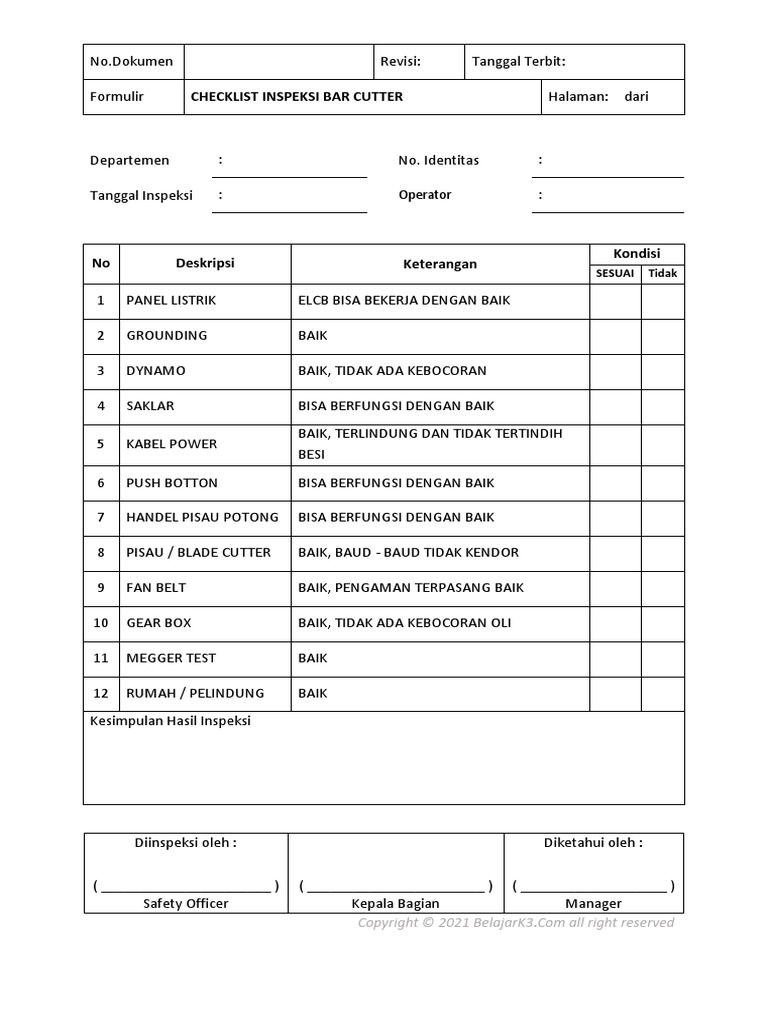 Form Check List Inspeksi Bar Cutter | PDF