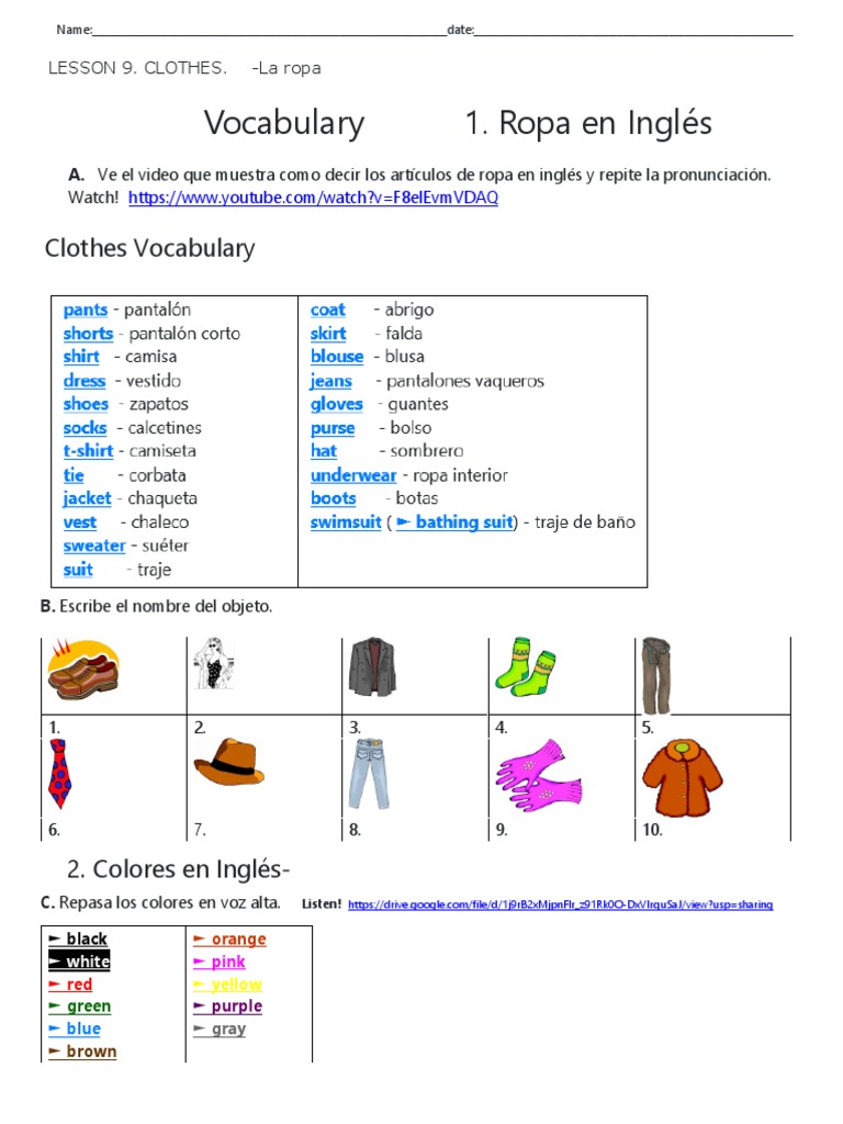 Vocabulario y Gramática de Ropa en Inglés | PDF | Idiomas | Fonética