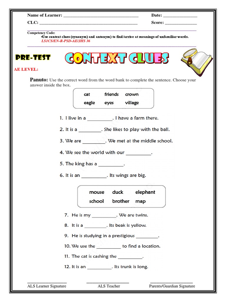 LS1 Eng. Worksheets (Context Clues) | PDF