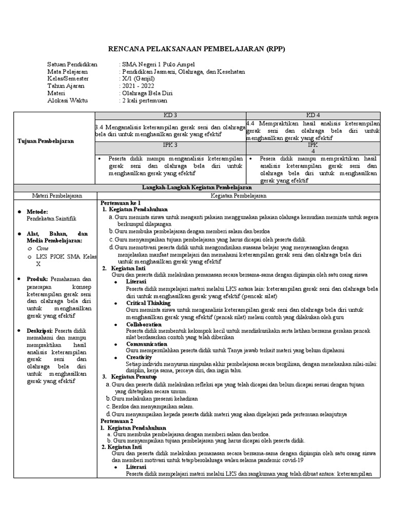 RPP Pjok Kelas X - Pencak Silat | PDF