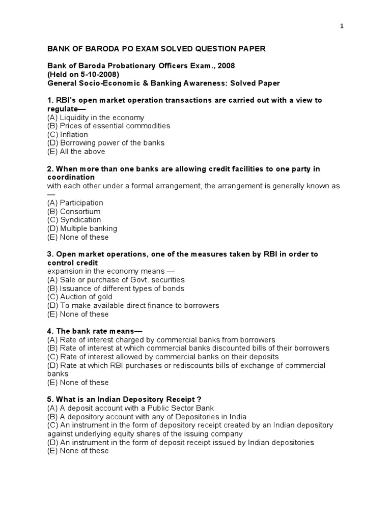 Bank of Baroda Po Exam Solved Question Paper | PDF | Sales | Banks