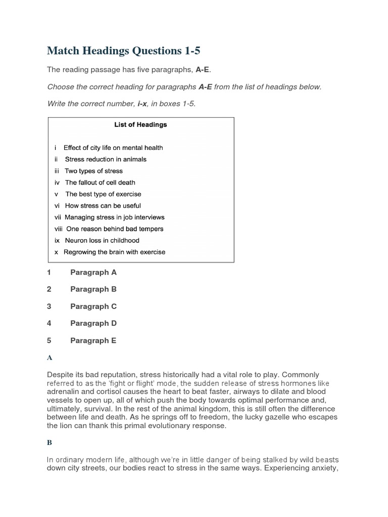 Match Headings Questions 1-5 | PDF | Stress (Biology) | Memory