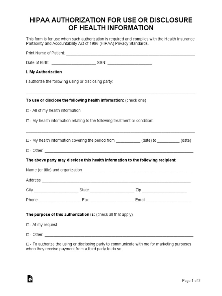Hipaa Authorization For Use or Disclosure of Health Information | PDF | Health Insurance ...