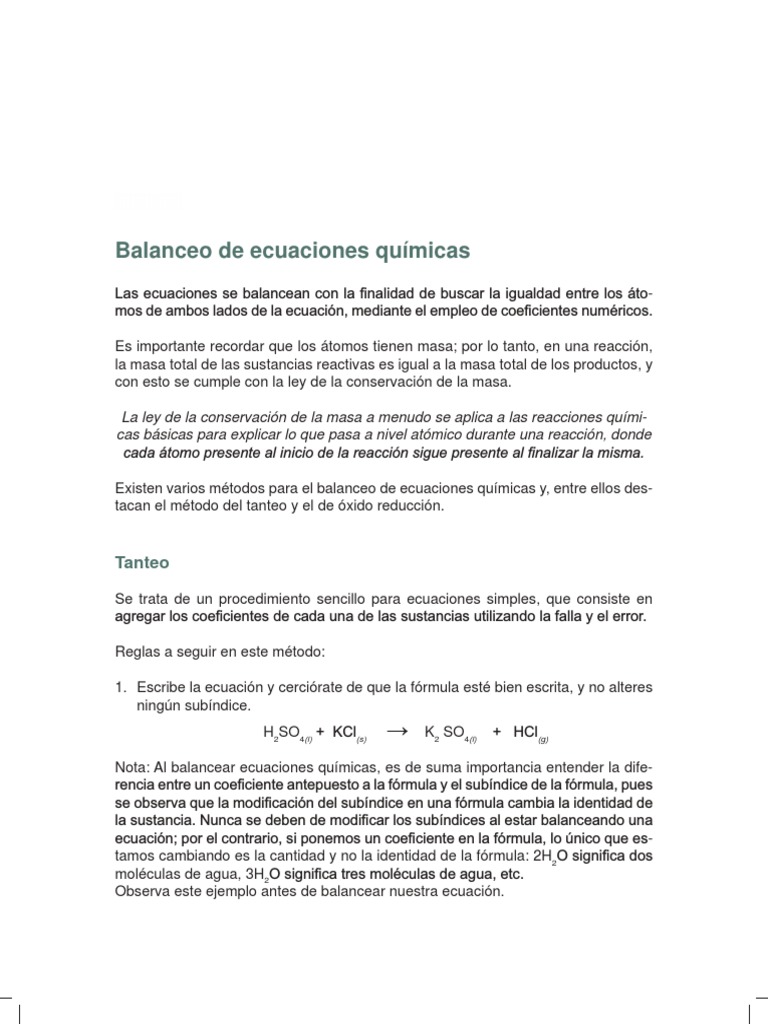 Balanceo de ecuaciones químicas | PDF | Estequiometría | Sustancias ...
