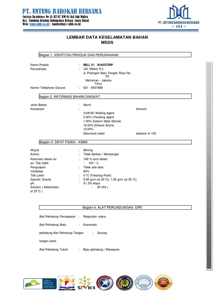 MSDS Produk Kimia PT. Untung Barokah | PDF