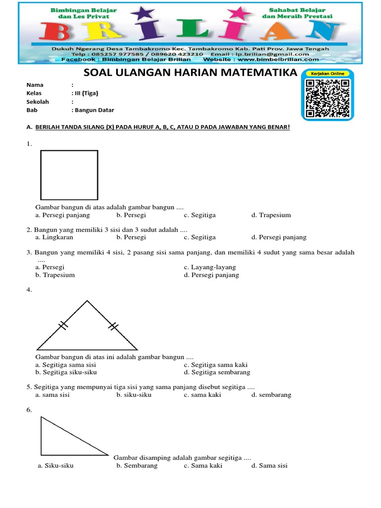 Soal Matematika Kelas 3 SD Bab Bangun Datar Dan Kunci Jawaban | PDF