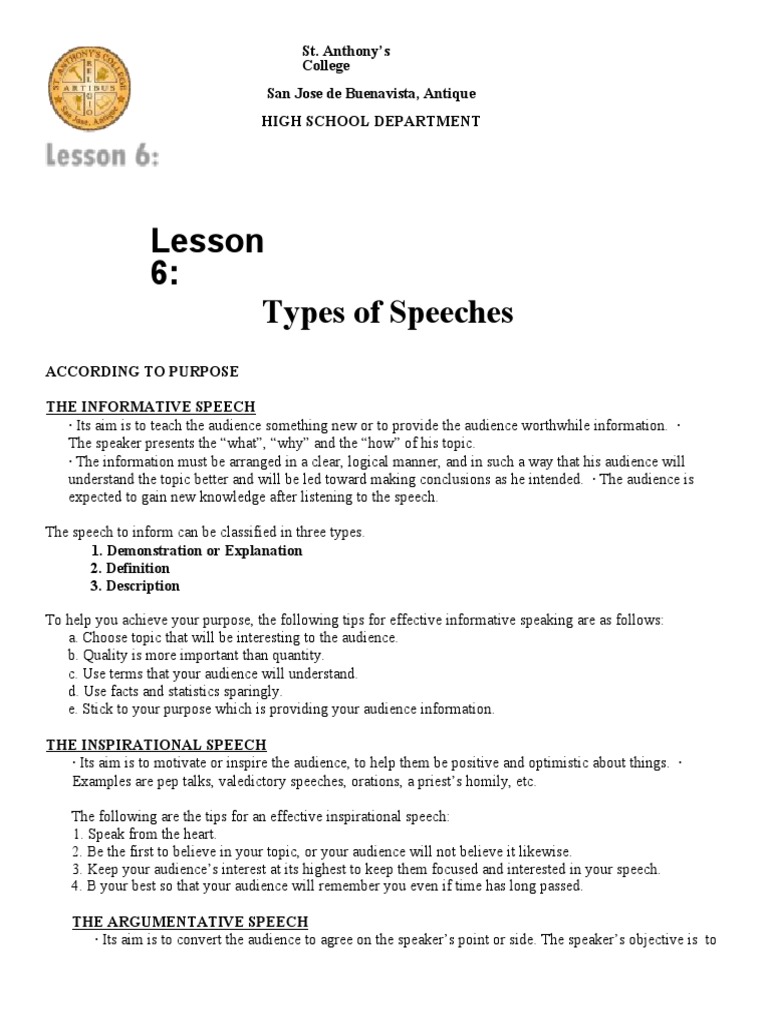 Types of Speeches According To Purpose | PDF | Public Speaking | Persuasion