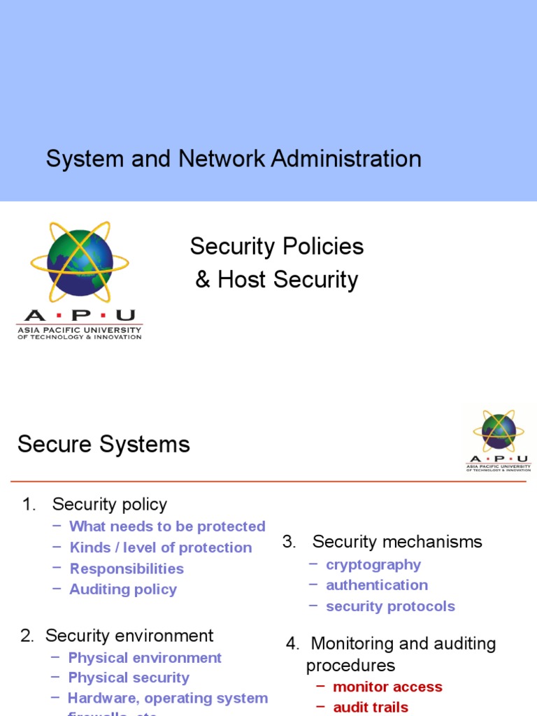 System and Network Administration Security Policies & Host Security ...