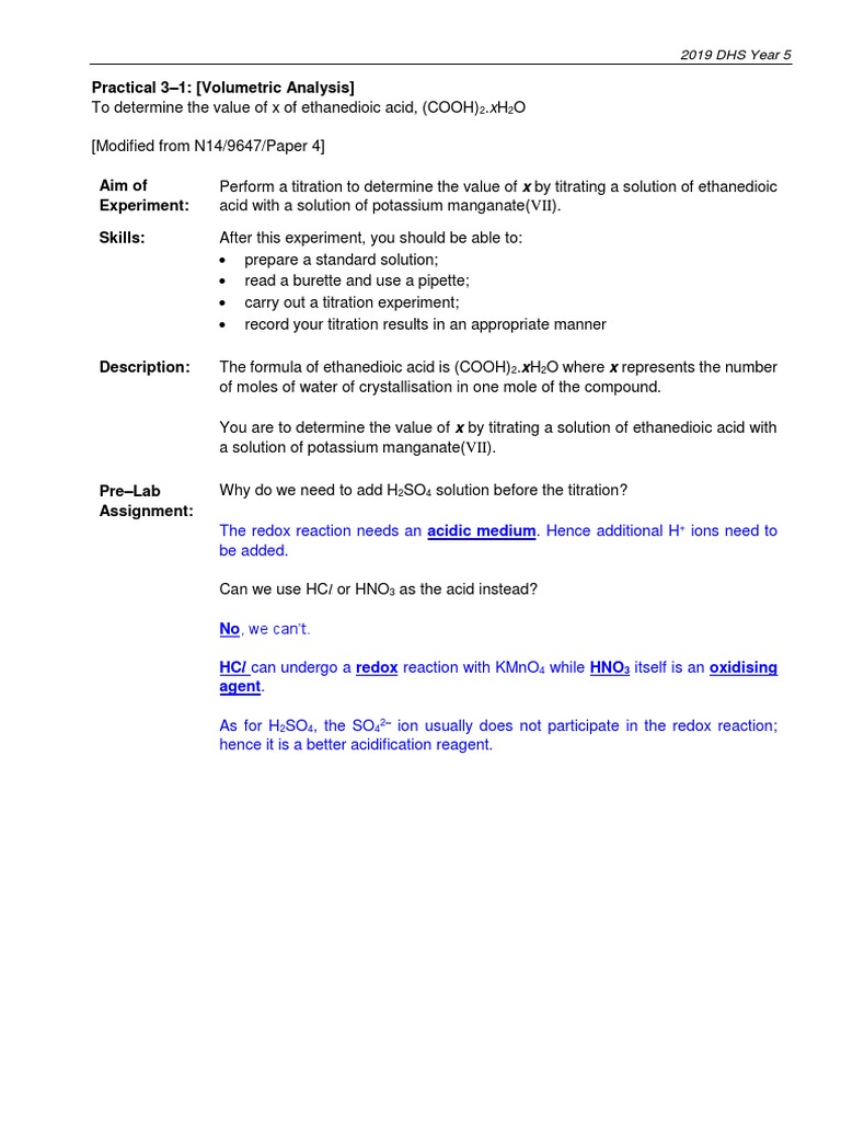 2019 Y5 Work Book 1 (Practical 3) Solutions | PDF | Chemistry | Titration