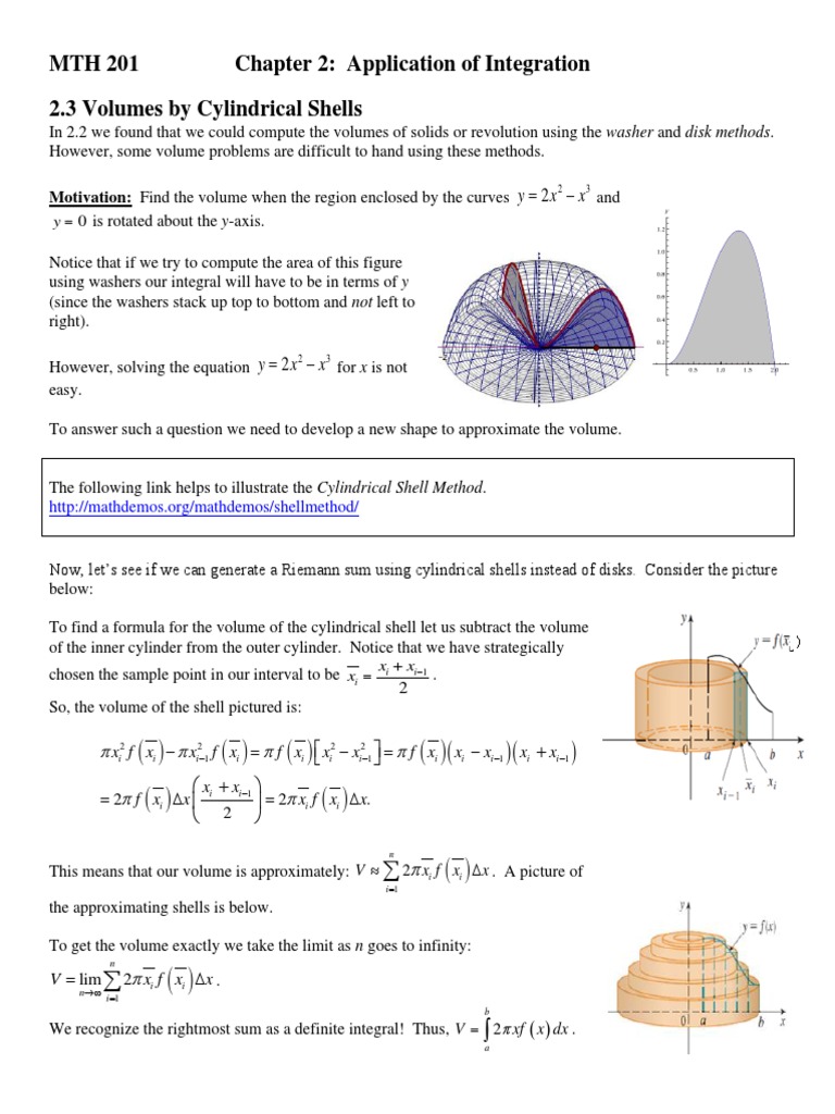 2.3 Volumes by Cylindrical Shells - Notes | PDF | Volume | Integral