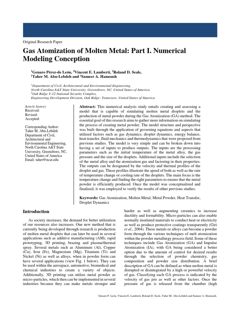 Gas Atomization of Molten Metal: Part I. Numerical Modeling Conception ...