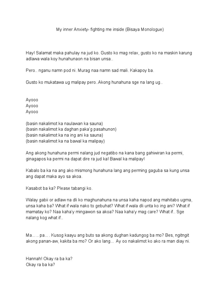 My Inner Anxiety - Fighting Me Inside (Bisaya Monologue) | PDF