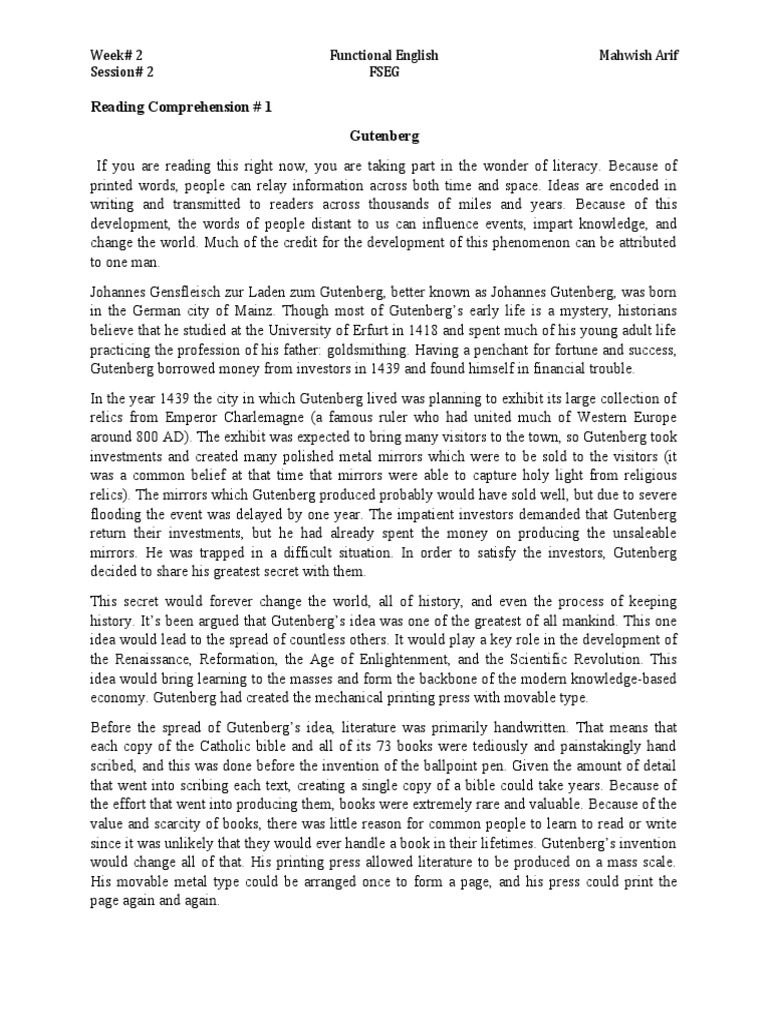 Reading Comprehension # 1 | PDF | Johannes Gutenberg | Printing Press