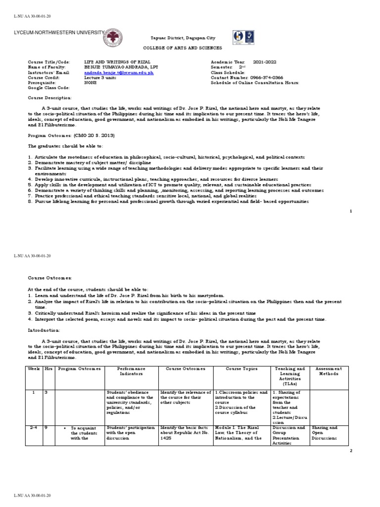 RIZAL - COURSE SYLLABUS (Benj) | PDF | Academic Dishonesty | Learning