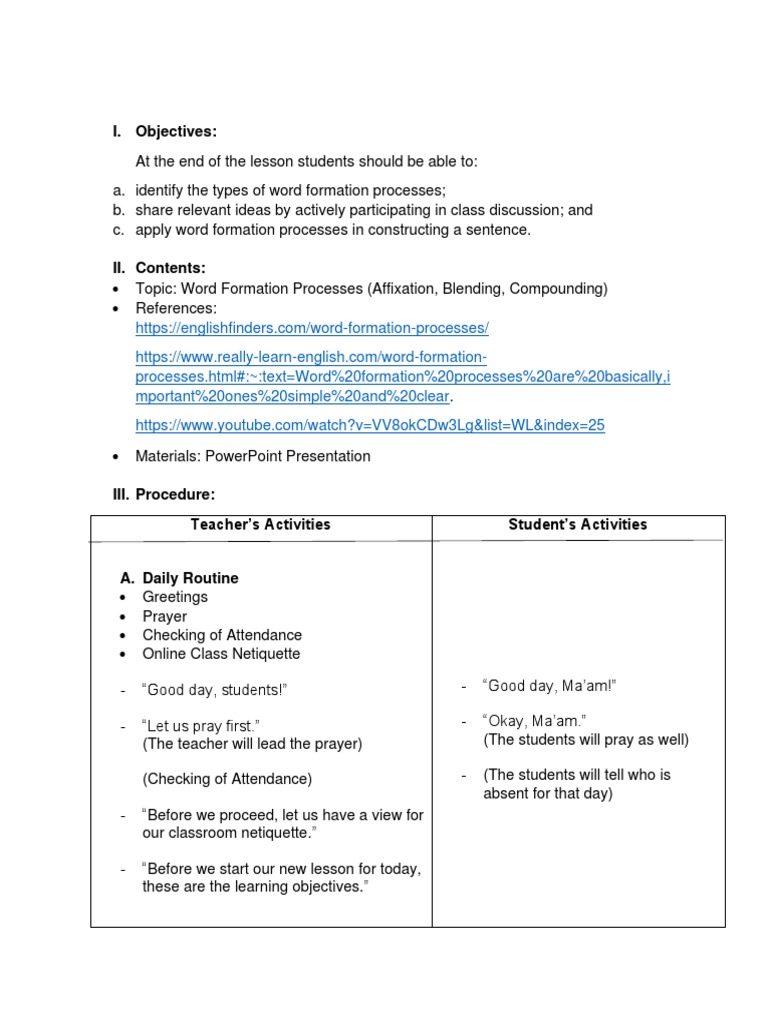 Detailed Lesson Plan in English 9 WORD FORMATION PROCESSES | PDF ...