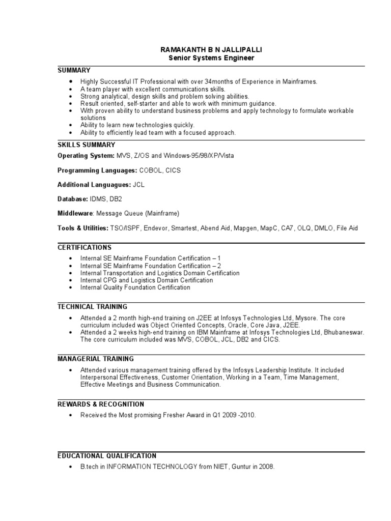 Ramakanth 3yrs Mainframe Resume | PDF | Apl (Programming Language) | Ibm Db2