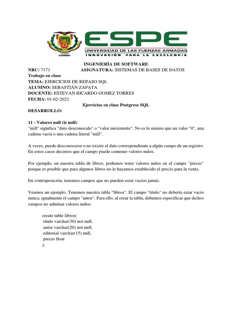 Ejercicios SQL: Manejo de Valores Nulos | PDF | SQL | Software de gestión de datos
