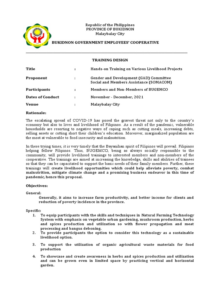 Livelihood Training Proposal | PDF | Foods | Food And Drink