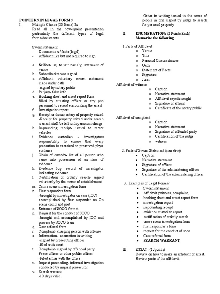 Pointers in Legal Forms ENUMERATION: (2 Points Each) Memorize The ...