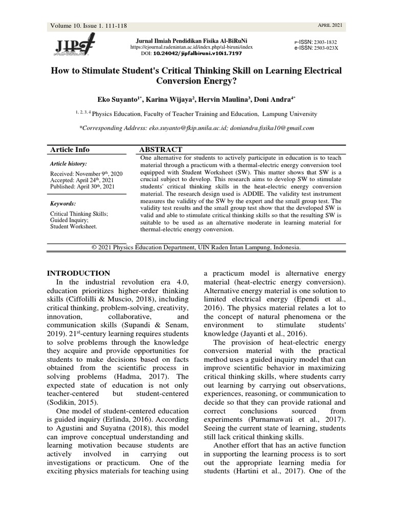 How To Stimulate Student's Critical Thinking Skill On Learning ...