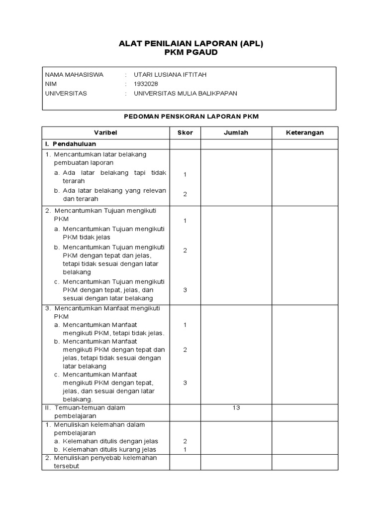 Alat Penilaian Laporan APL PKM PGPAUD | PDF