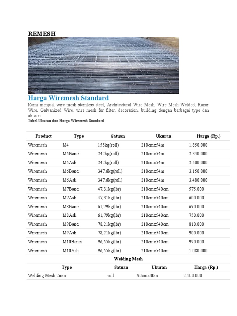 Harga Wiremesh Standard: Remesh | PDF | Steel | Materials