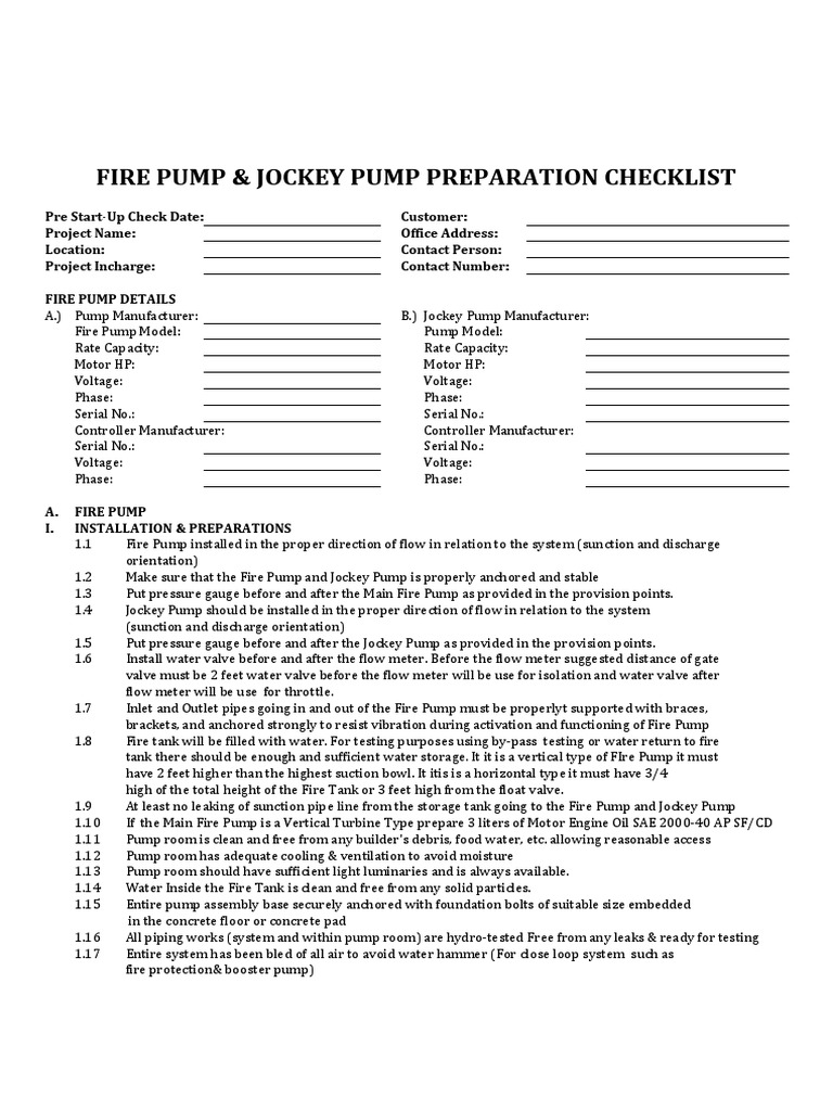 Preparation Checklist - Fire & Jockey Pump | PDF | Pump | Pipe (Fluid ...