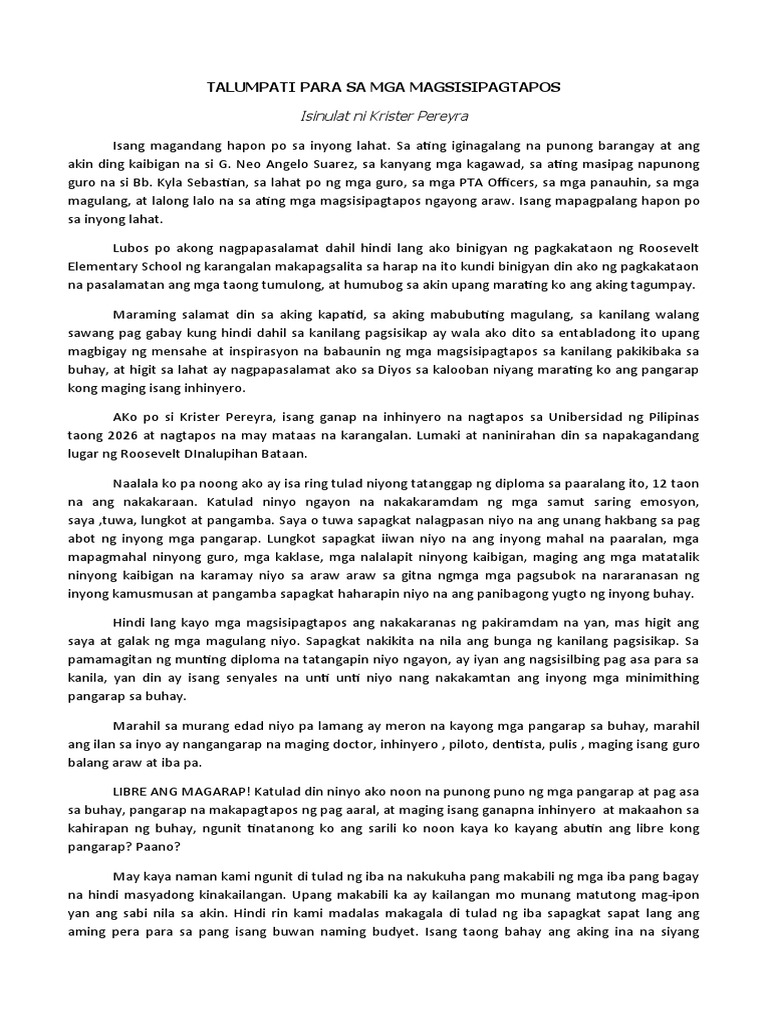 Talumpati para Sa Mga Magsisipagtapos | PDF Talumpati para Sa Mga Magsisipagtapos | PDF