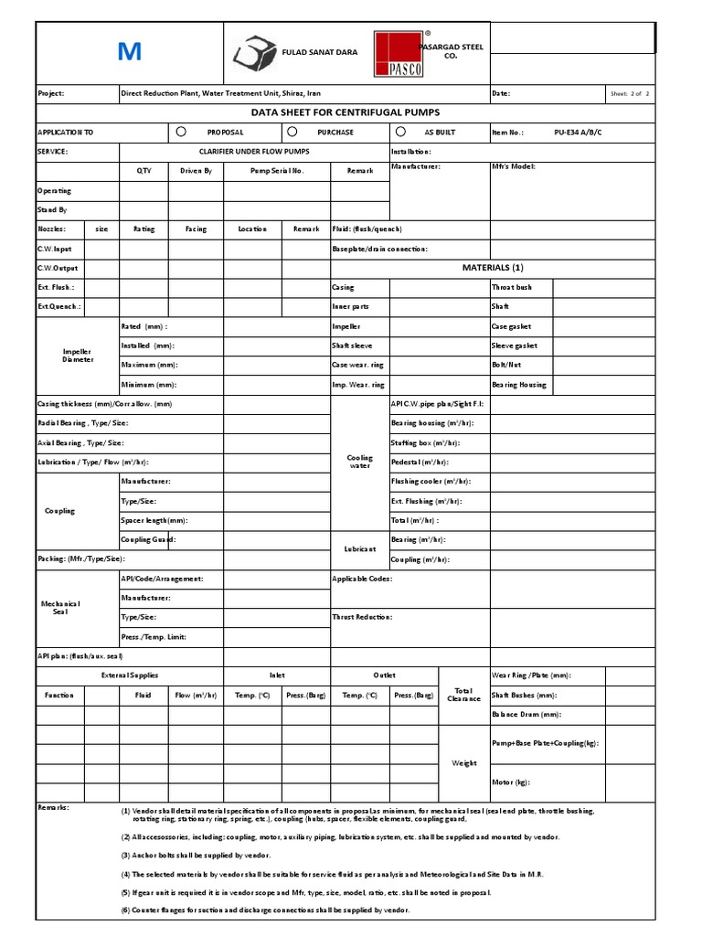 Data Sheet For Centrifugal Pumps | PDF | Pump | Mechanical Engineering