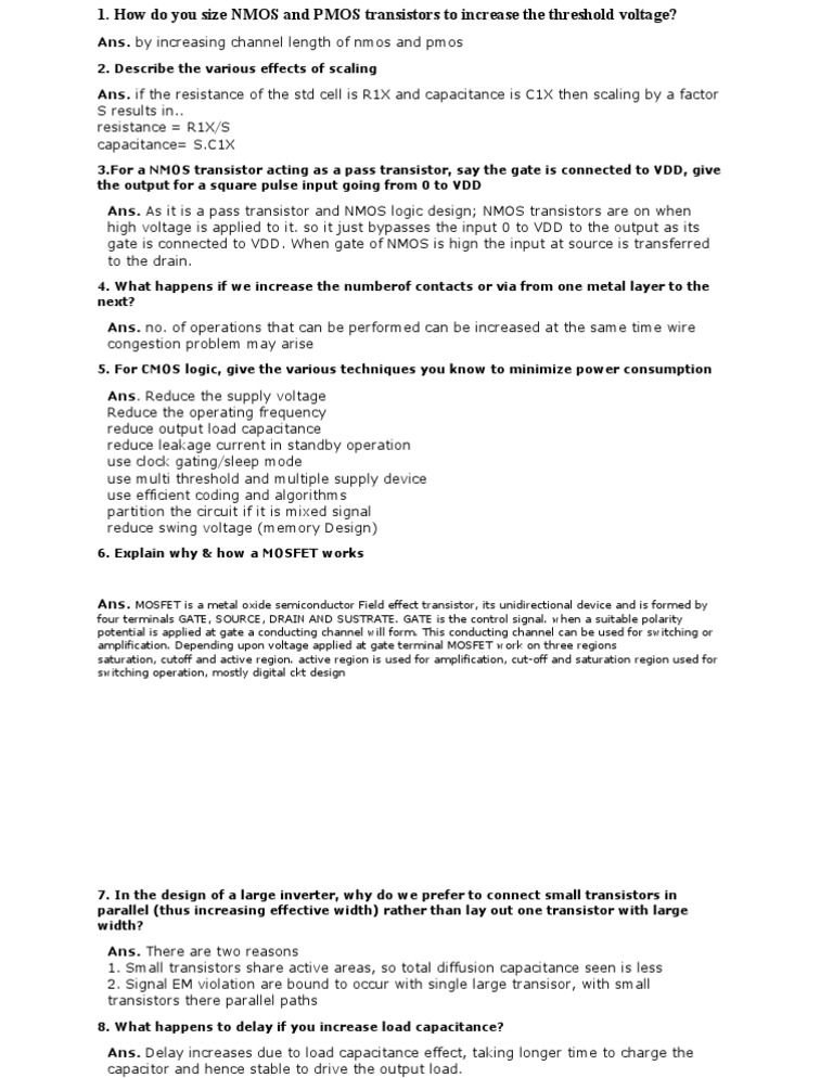 VLSI Question and Answers | PDF | Mosfet | Field Effect Transistor