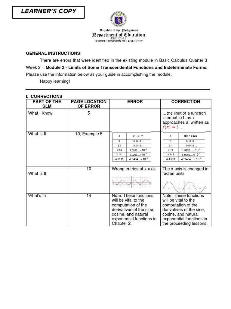 Corrections for Basic Calculus Limits Module | PDF | Trigonometric ...